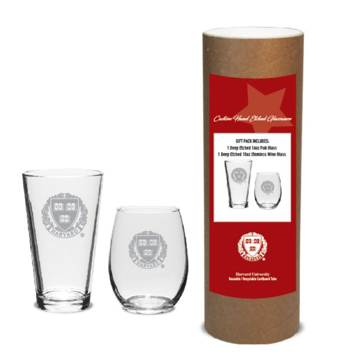 Harvard Deep Etched Stemless Wine Glass and Pint Glass Set – The COOP